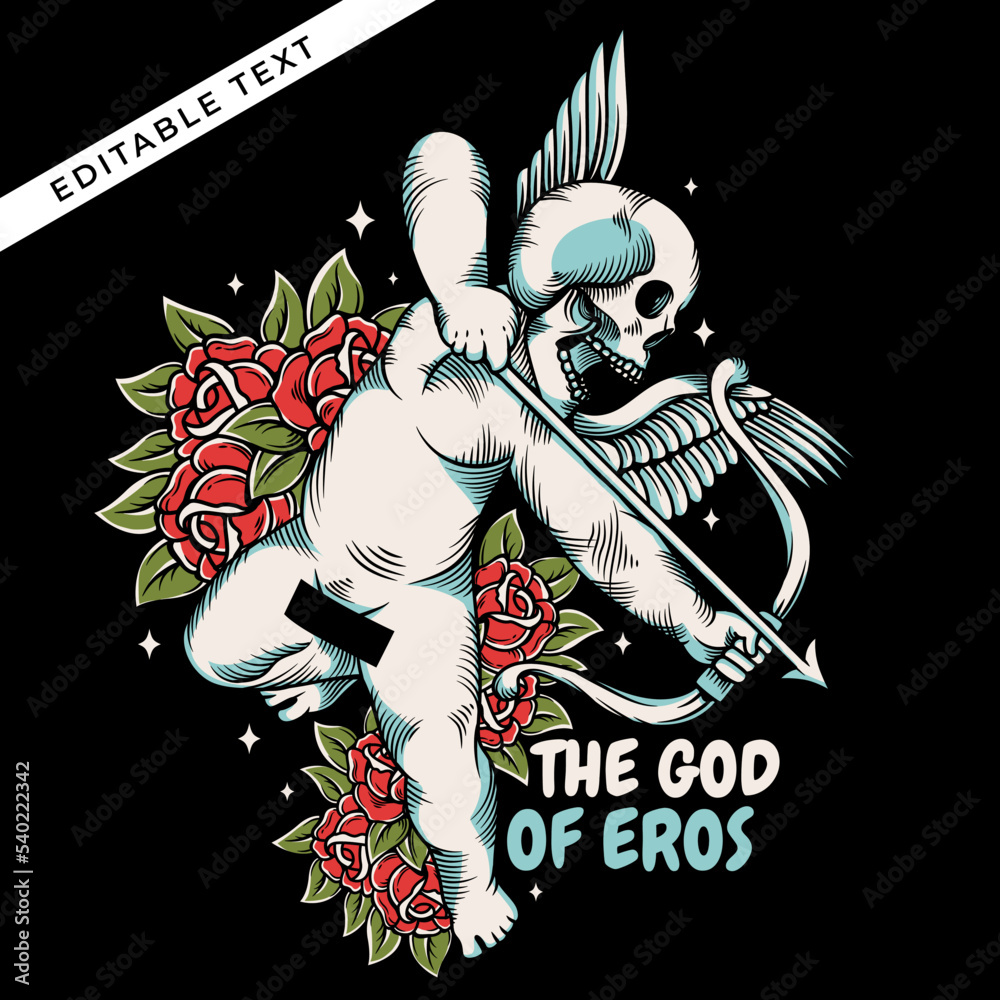 the skeleton angel holding arrow with some roses vector illustration ...