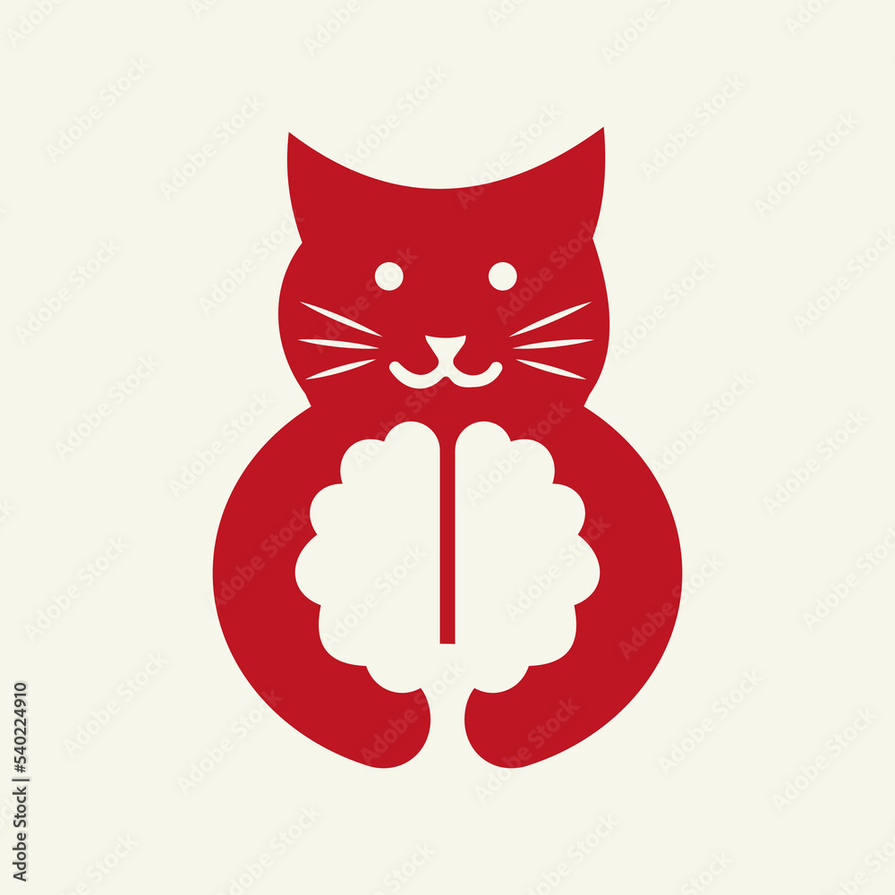 Cat Brain Logo Negative Space Concept Vector Template. Cat Holding ...