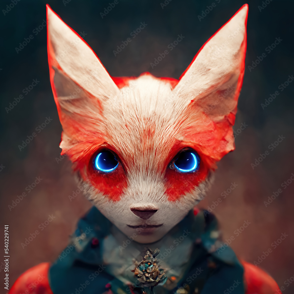 Portrait Of handsome red Fox with red eyes stylized as human, wearing ...