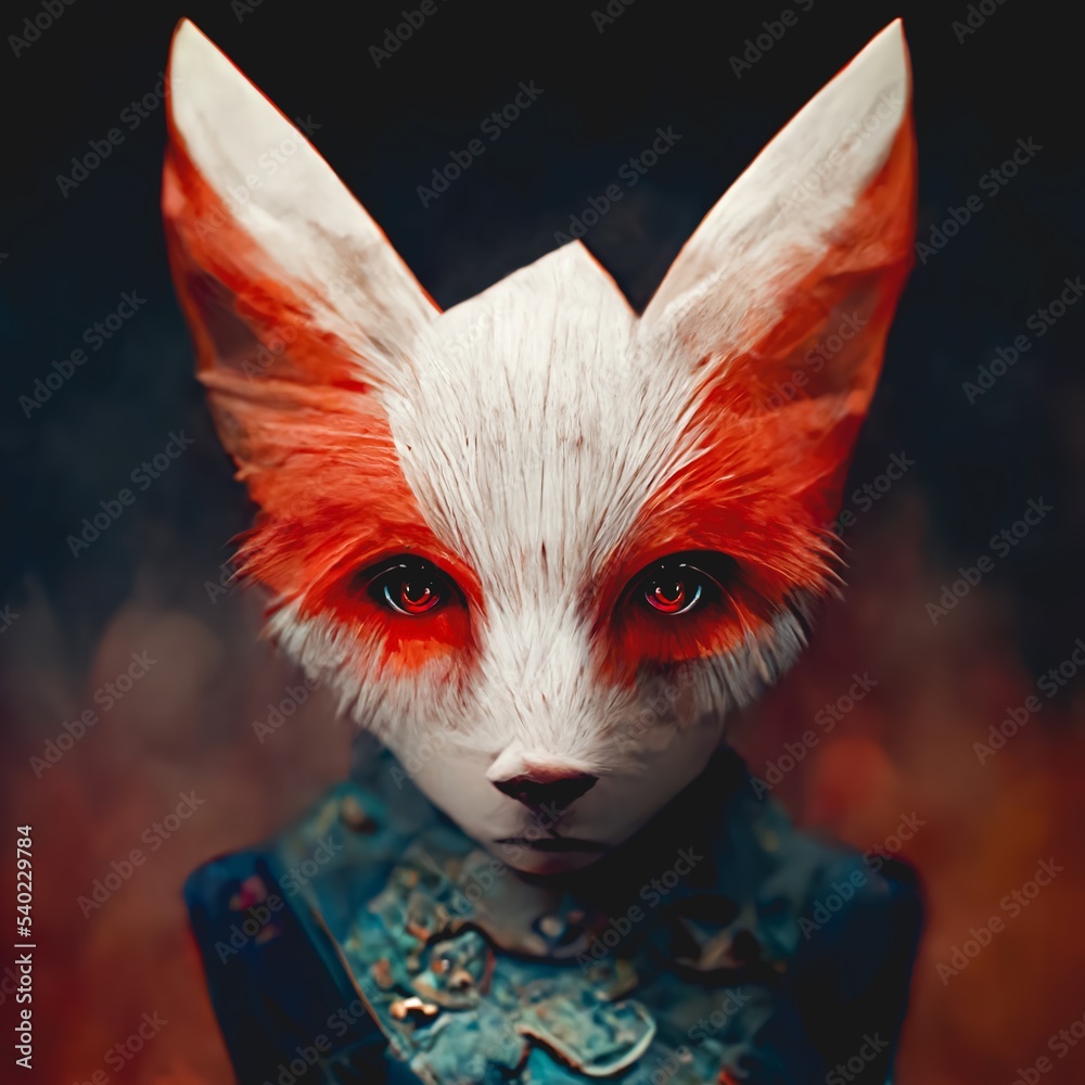 Portrait Of handsome red Fox with red eyes stylized as human, wearing ...