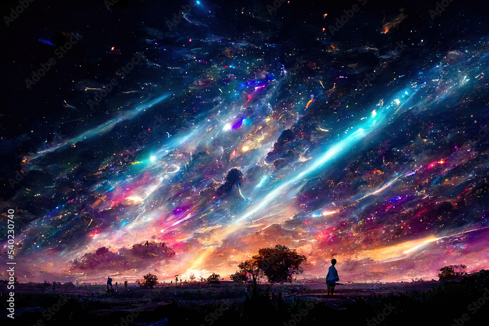 Psychedelic surreal landscape. Digital painting illustration of ...