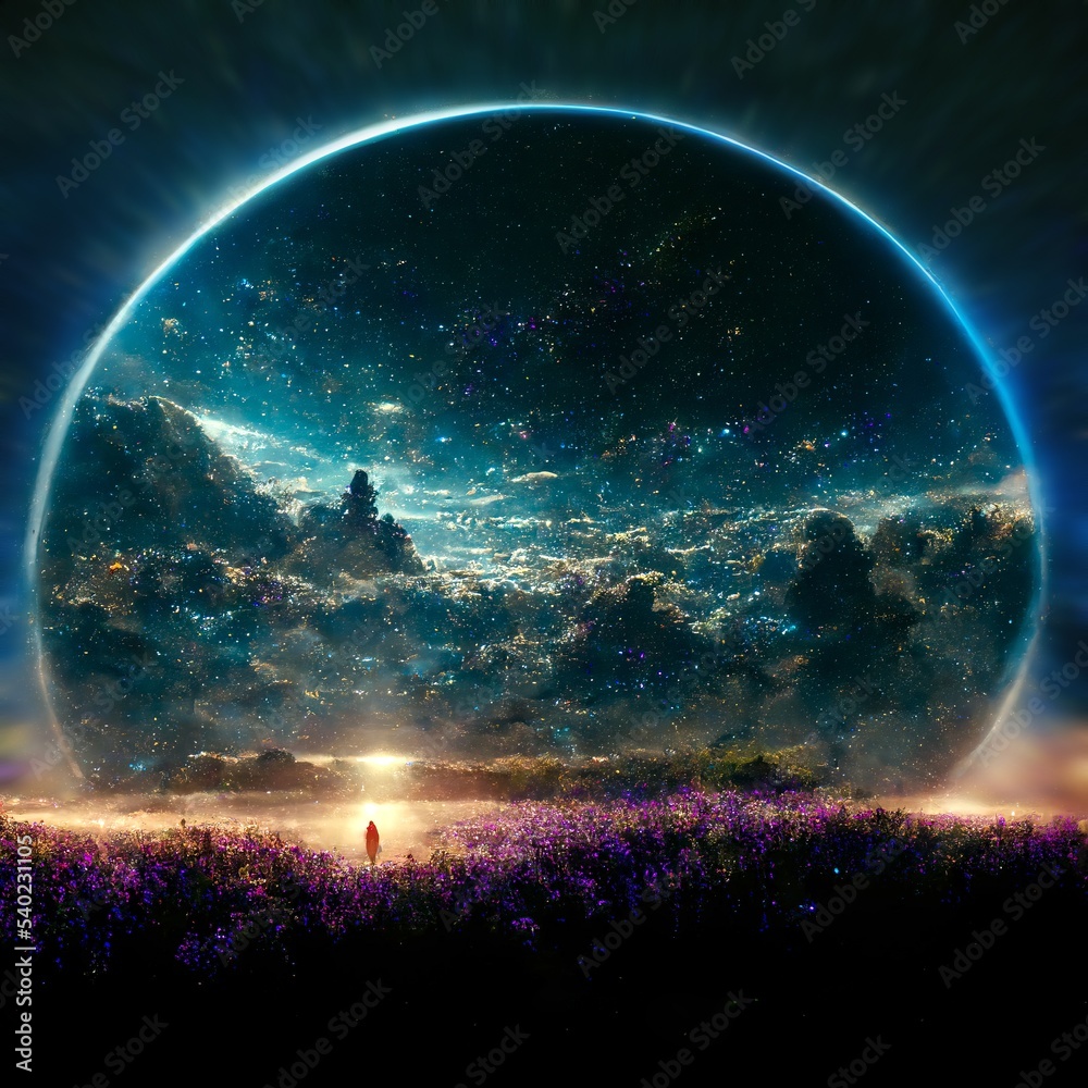 Psychedelic surreal landscape. Digital painting illustration of ...