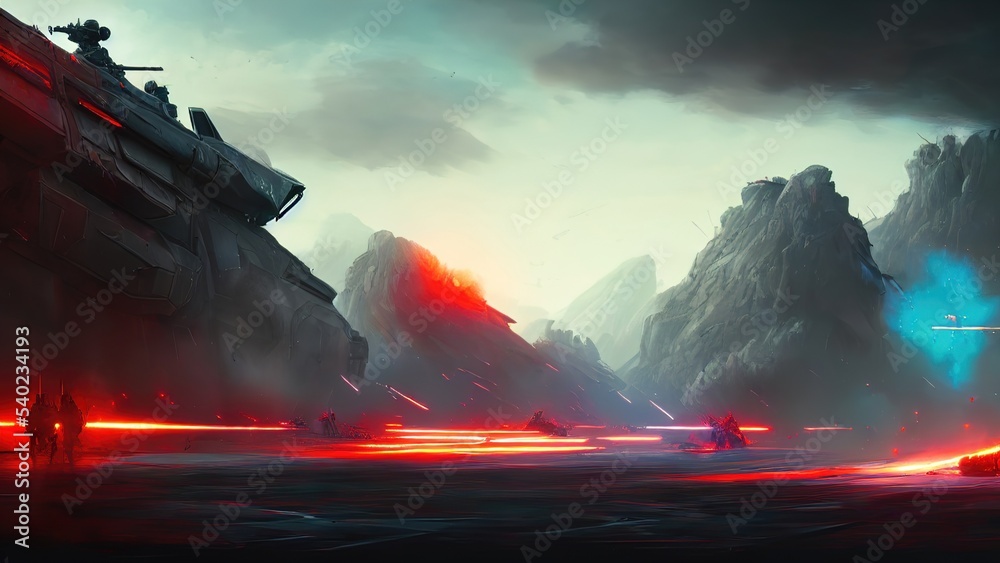 War of the future, the battlefield. Soldiers and equipment are fighting ...