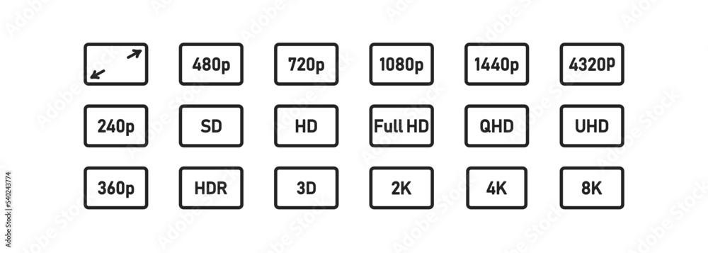 Screen resolution icon set. Monitor size symbol. Hd, FHD, UHD, 4K, 8K ...