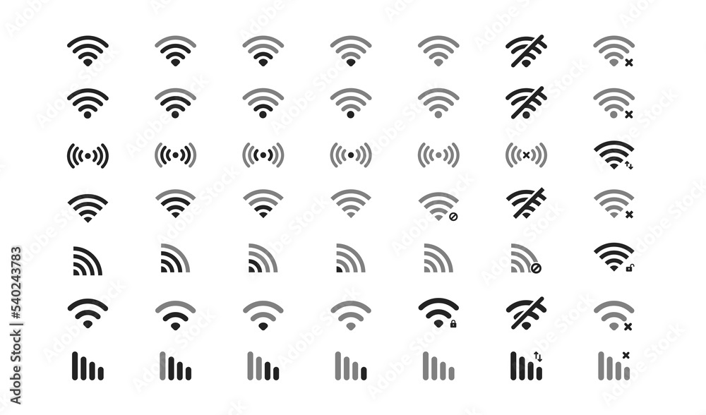 Wi fi icon set on white background. Internet network concept. No signal ...