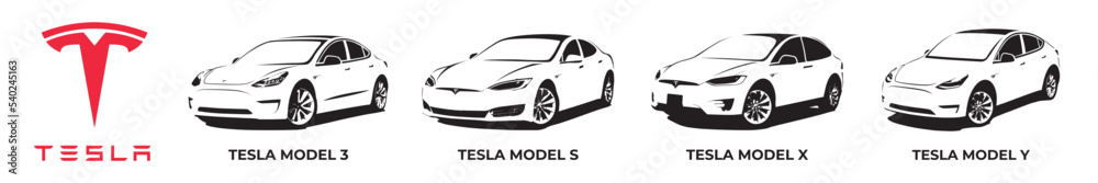 Vector silhouettes of Tesla brand cars, repair Stock-Vektorgrafik ...