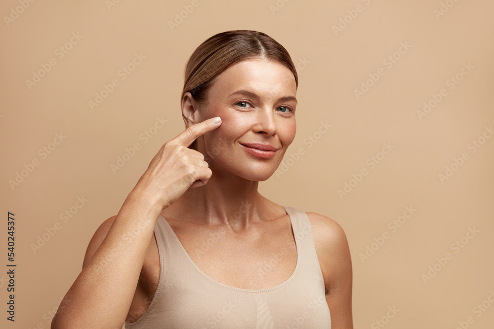 Smiling Woman Touching Face. Waist up Portrait of Attractive Woman ...