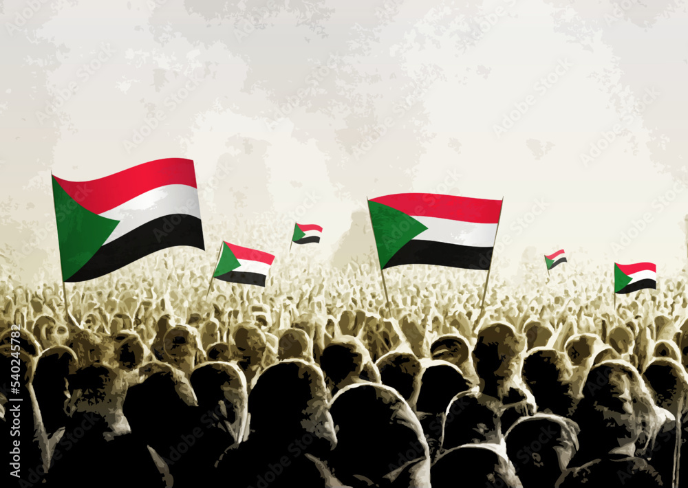 Crowd with the flags of Sudan, people cheering national team of Sudan ...