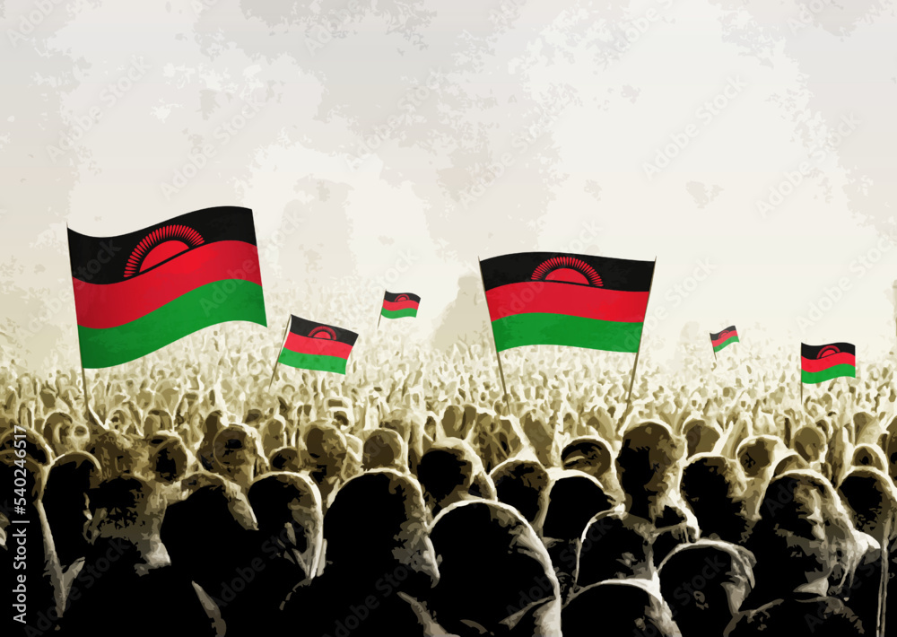 Vetor do Stock: Crowd with the flags of Malawi, people cheering ...
