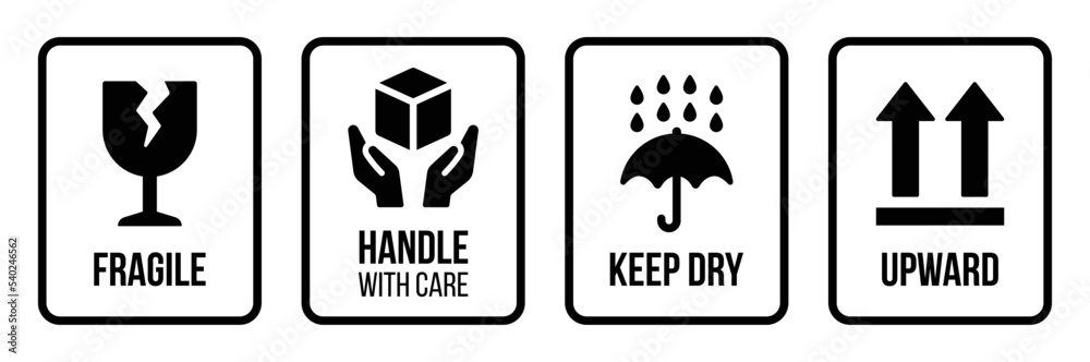 Fragile package icon, handle with care logistics and delivery shipping sign isolated on white ...