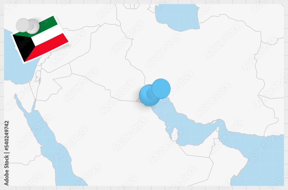 Map of Kuwait with a pinned blue pin. Pinned flag of Kuwait. Stock ...