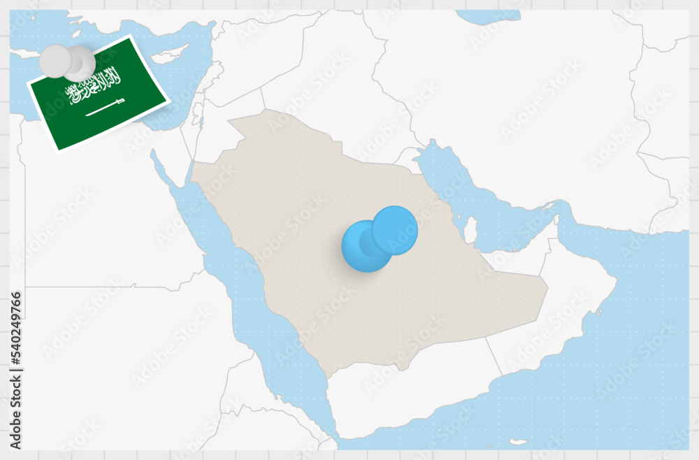 Map of Saudi Arabia with a pinned blue pin. Pinned flag of Saudi Arabia ...