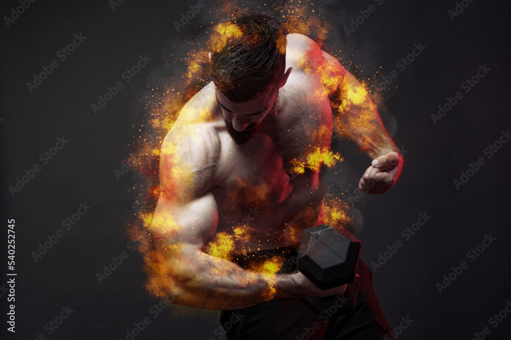 Strong shirtless bodybuilder on fire, burning in flames while lifting ...