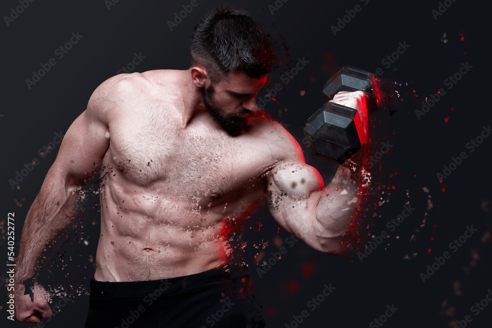 Shirtless bodybuilder lifting weights and dispersing into particles ...