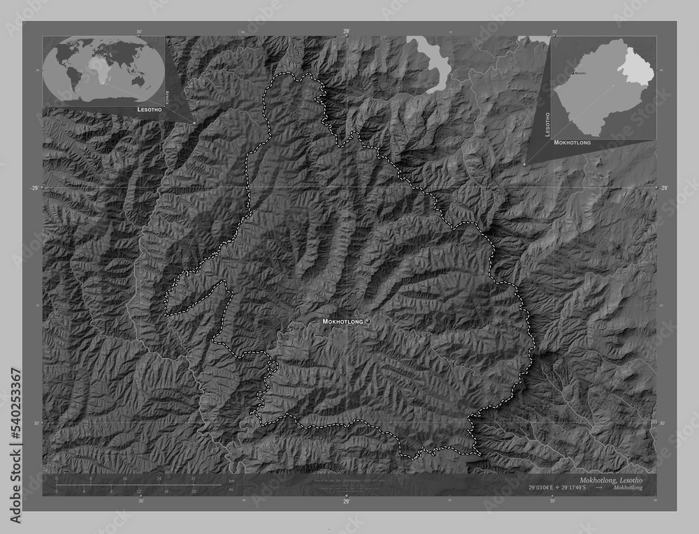Mokhotlong, Lesotho. Grayscale. Labelled points of cities Stock ...
