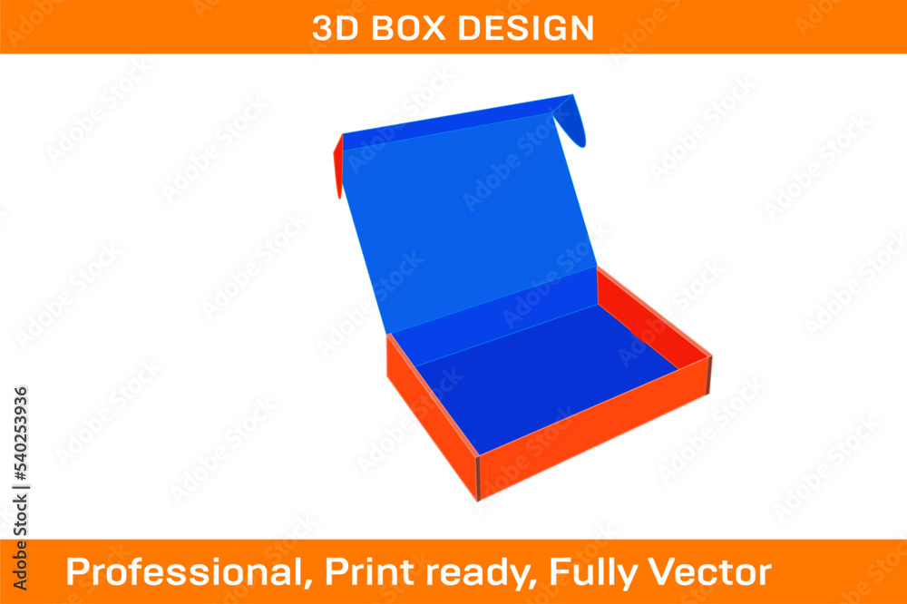 Two side rollover with ear lock box dieline template and 3D box design ...