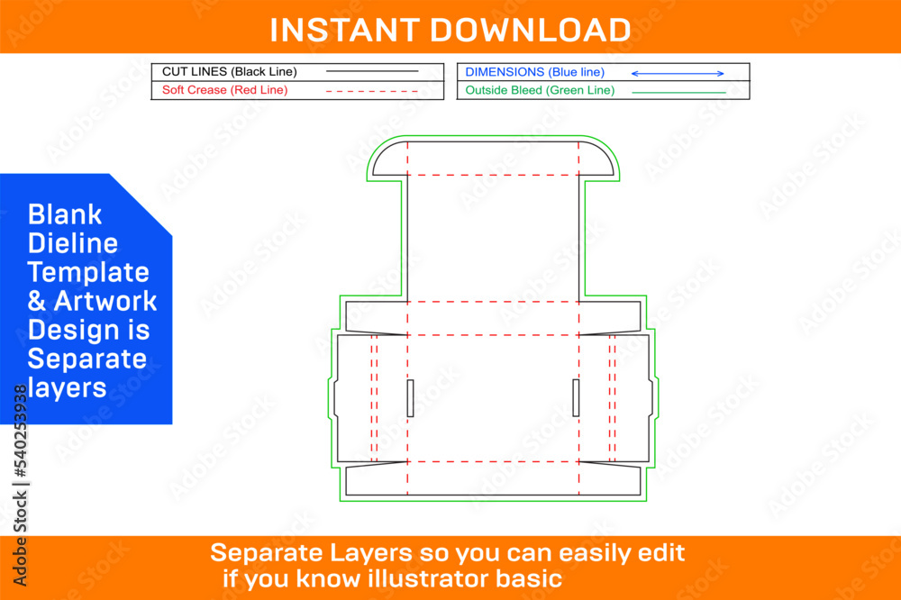 Two side rollover with ear lock box dieline template and 3D box design Stock Vector | Adobe Stock