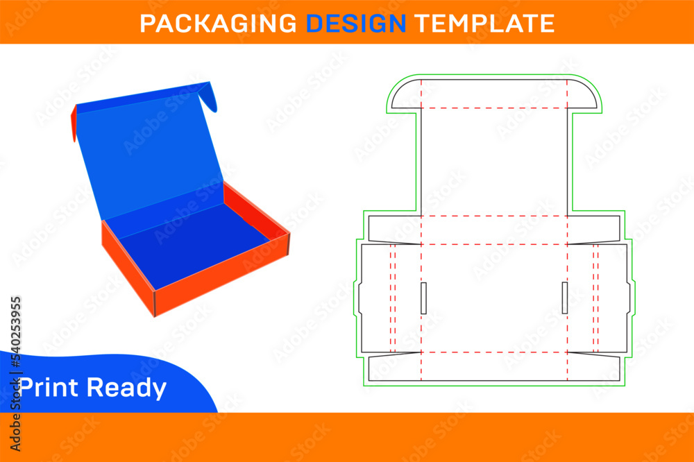 Two side rollover with ear lock box dieline template and 3D box design ...