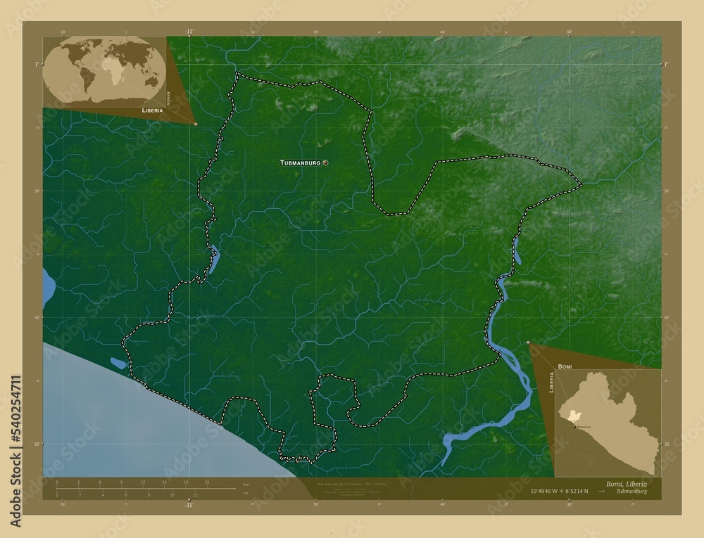 Bomi, Liberia. Physical. Labelled points of cities Stock Illustration ... Bomi, Liberia. Physical. Labelled points of cities Stock Illustration ...