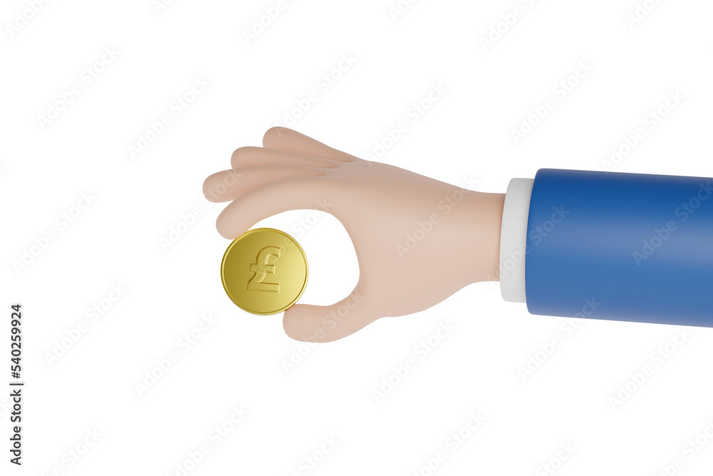 Cartoon hand holding a Pound coin isolated on white background. 3d ...