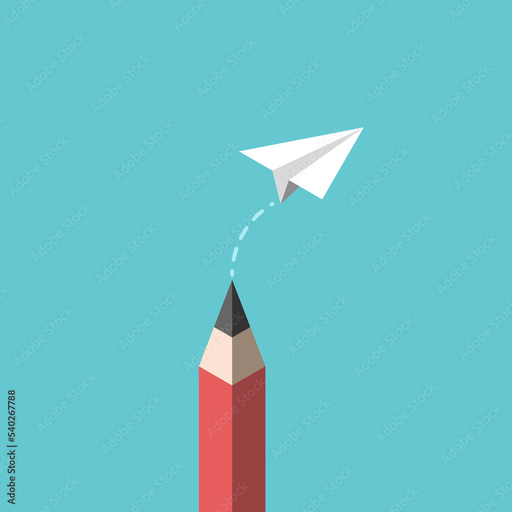 Isometric pencil and paper plane. Imagination, creativity, creative ...
