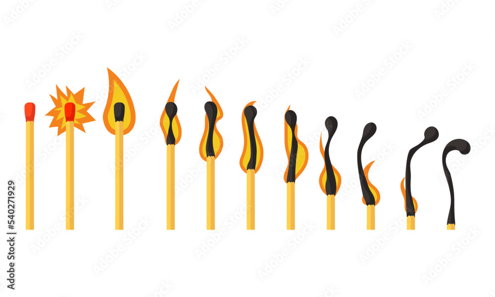 Burning match animation and flame ignite wooden stick. Matchstick fire ...