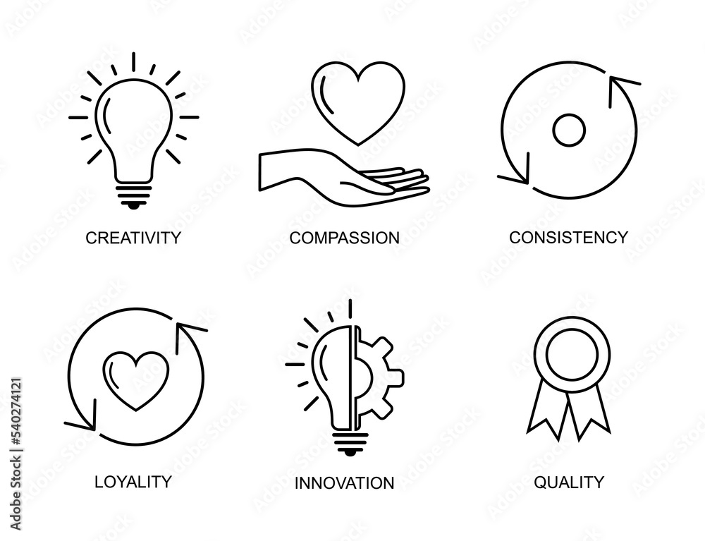 Core values set icon. Set linear business icons isolated on white ...