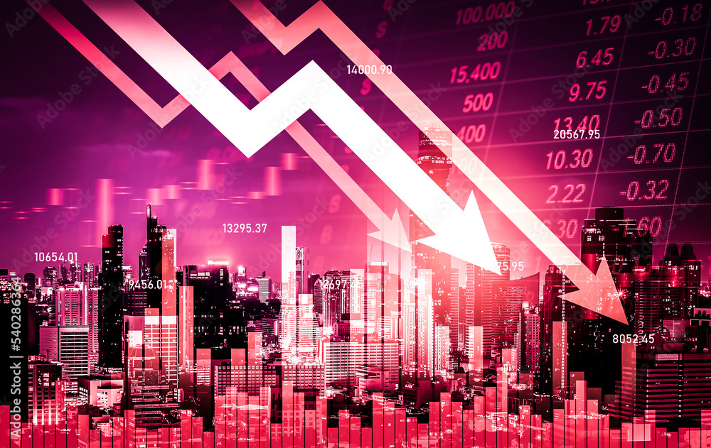 Stock market crash, declined economic, graph falling down and digital ...