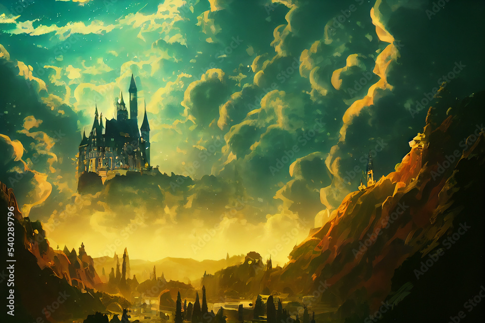A digital illustration of a magic castle. Epic scenes with dramatic ...