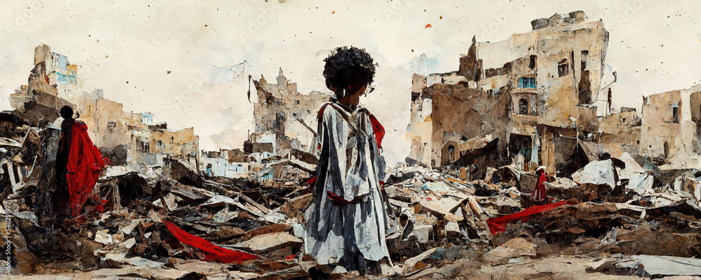 Digital watercolour illustration featuring Yemeni child standing in the ...