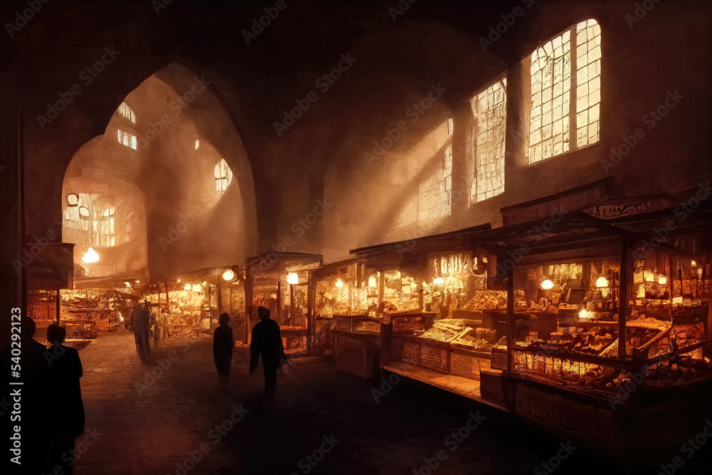 Digital illustration featuring the interior of an arabian, middle ...