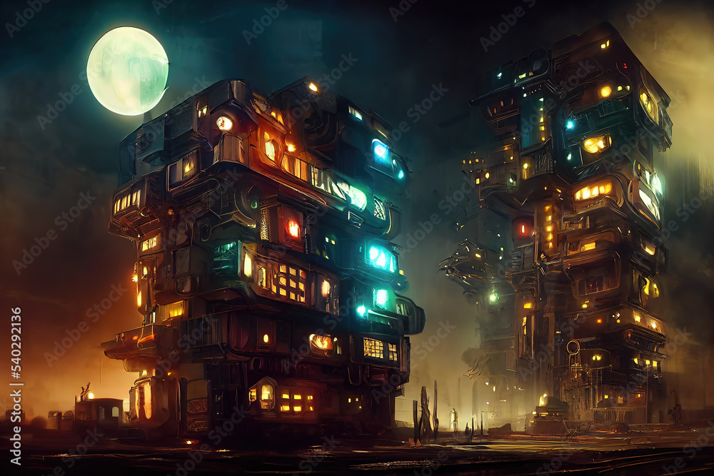 A multi storey, overcrowded block of flats in a futuristic, steampunk ...