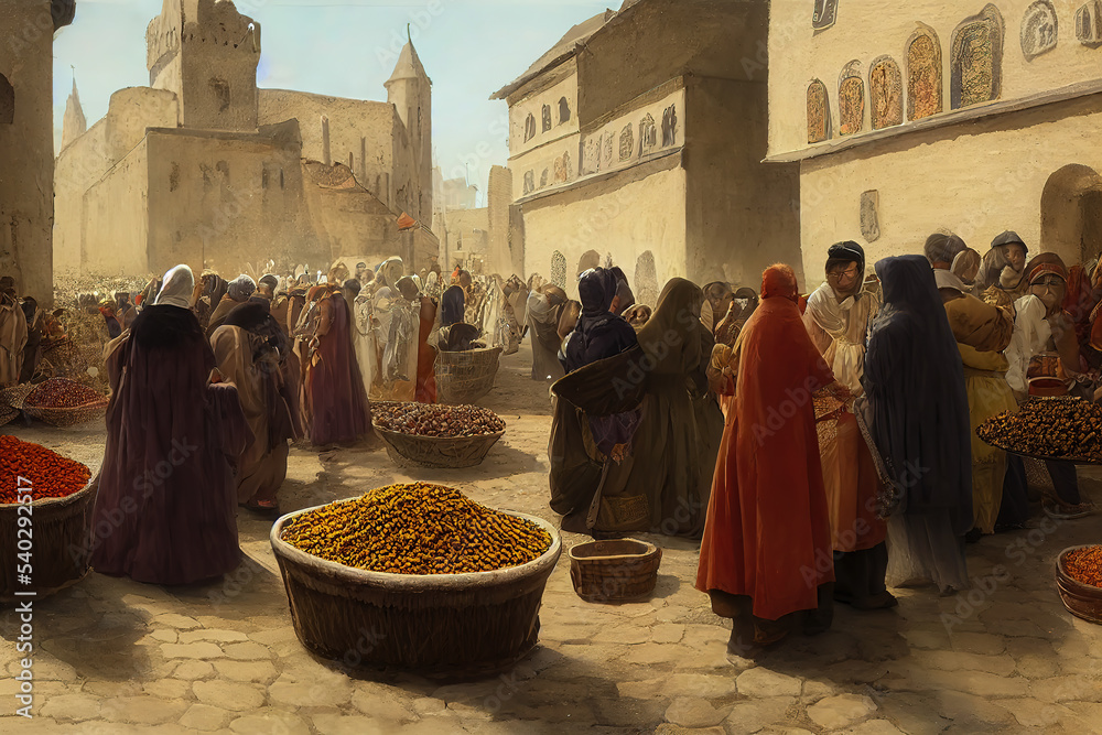 Historical recreation of a European medieval town square market with ...
