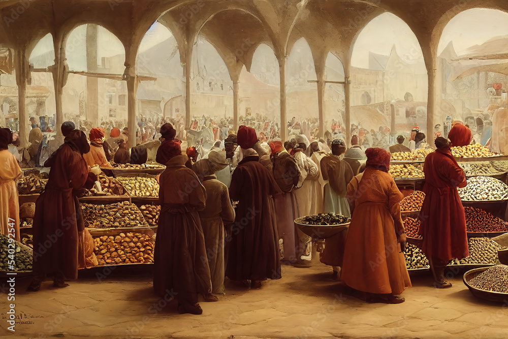 Crowd of peasants shopping for spices in medieval times. Exported spice ...