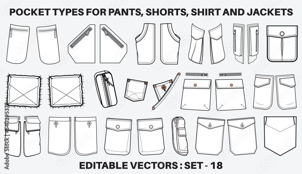 Patch pocket flat sketch vector illustration set, different types of ...