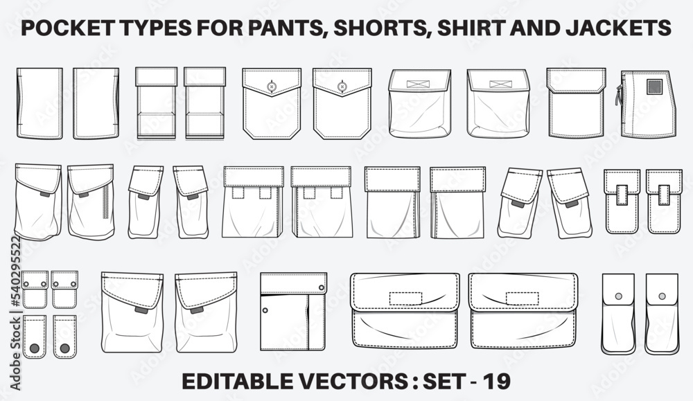Vetor de Patch pocket flat sketch vector illustration set, different ...