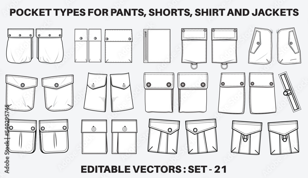 Patch pocket flat sketch vector illustration set, different types of ...