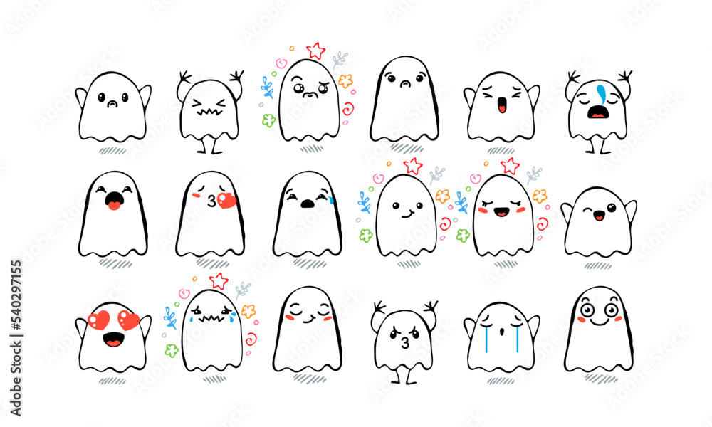 Set of Various Cartoon Ghosts with Emoticons. Doodle ghouls, eyes and ...
