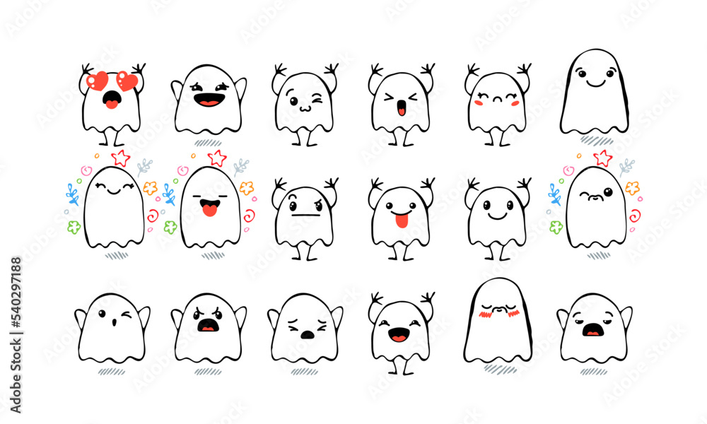 Set of Various Cartoon Ghosts with Emoticons. Doodle ghouls, eyes and ...