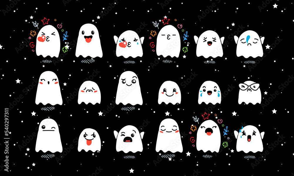 Set of Various Cartoon Ghosts with Emoticons. Doodle ghouls, eyes and ...