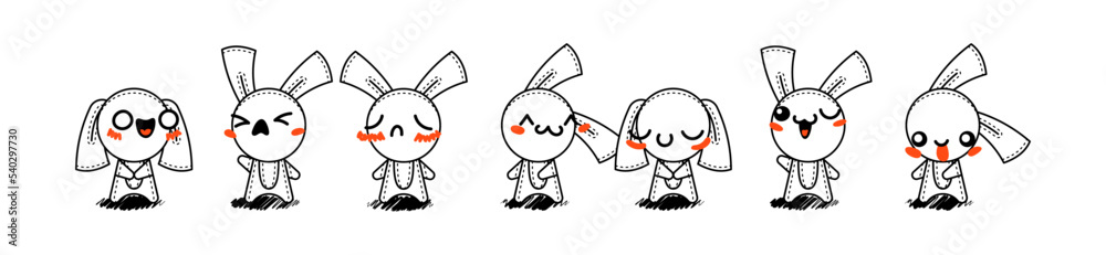 Outline Cartoon Rabbits. Emoticons, doodle faces, eyes and mouth ...