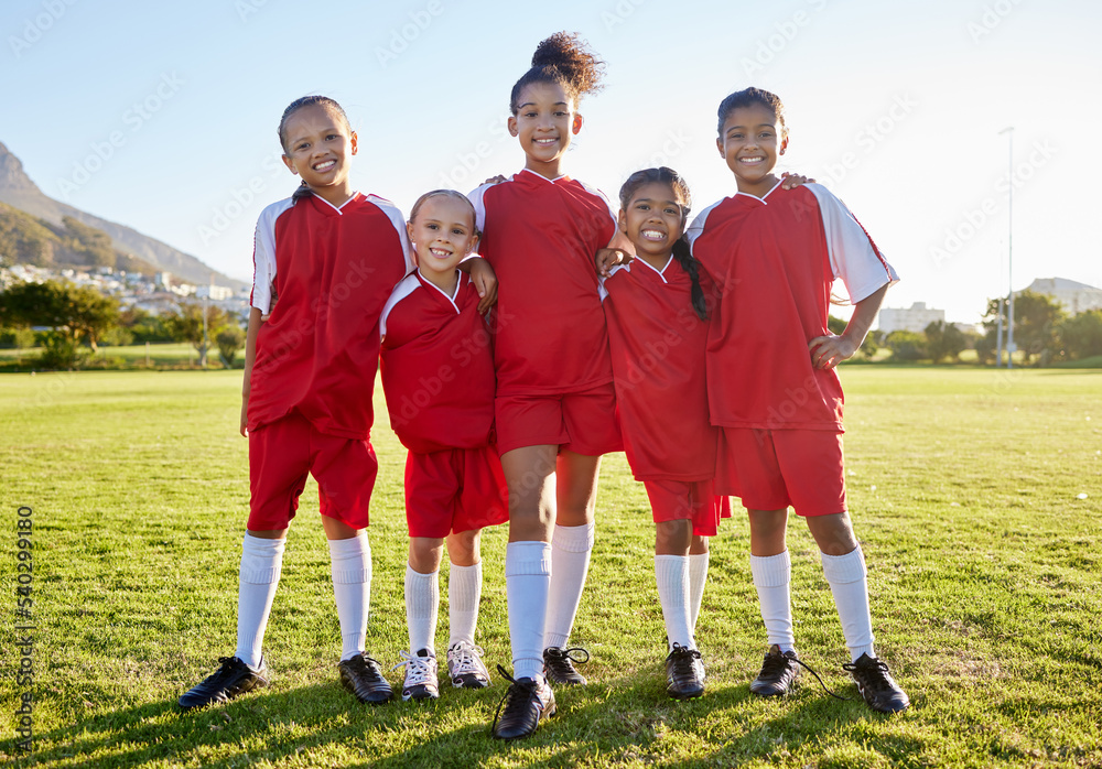 Sports, football and team portrait of children, friends group or ...