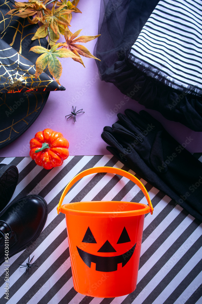 Collection set of Halloween party holiday objects witch hat, dress ...