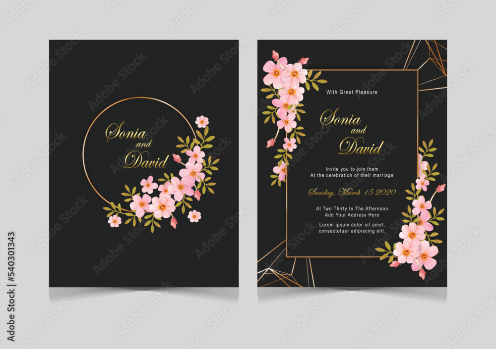 Wedding card black pink flower gold lines Stock Vector | Adobe Stock