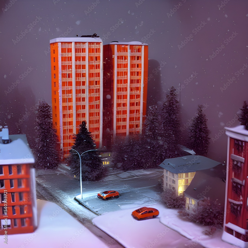 detailed miniature diorama a soviet residential building, brutalism ...