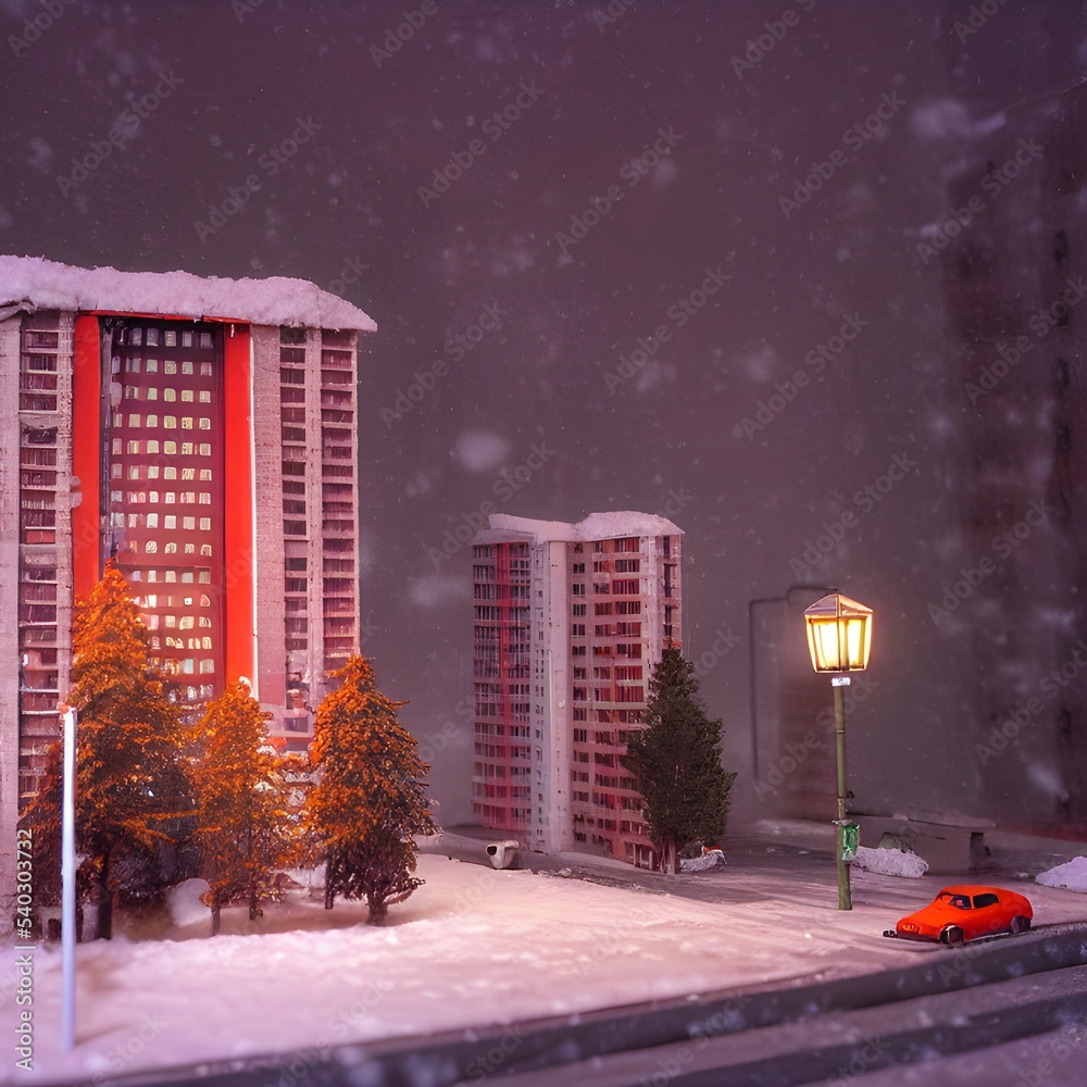 detailed miniature diorama a soviet residential building, brutalism ...