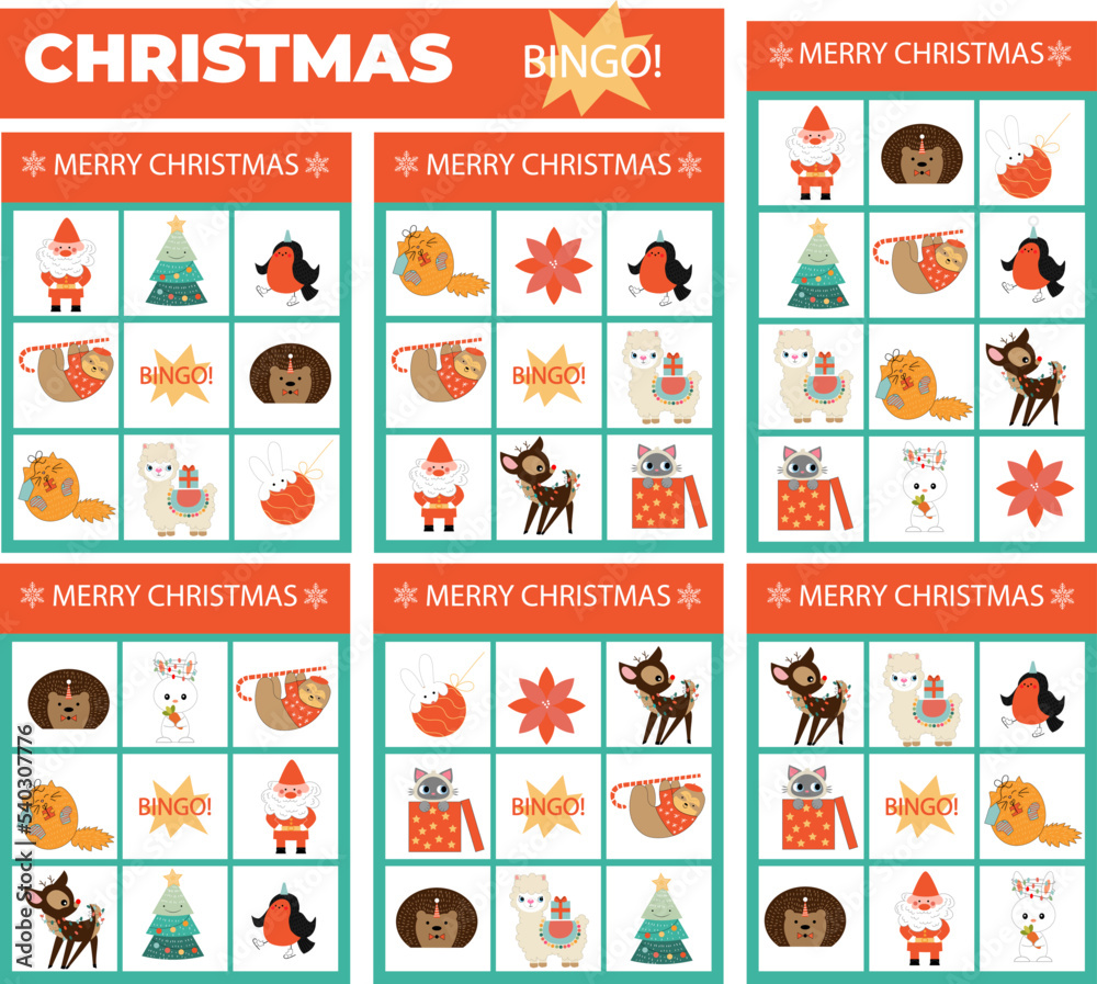 Vector christmas bingo cards set fun family lotto board game with cute ...