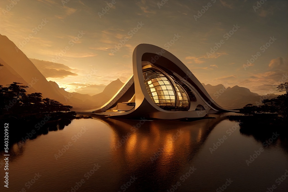 science fiction architecture, futuristic building, sunset over the river, modern organic ...