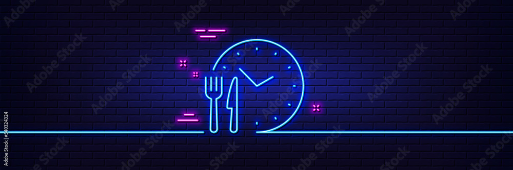 Neon light glow effect. Food time line icon. Meal order clock sign ...