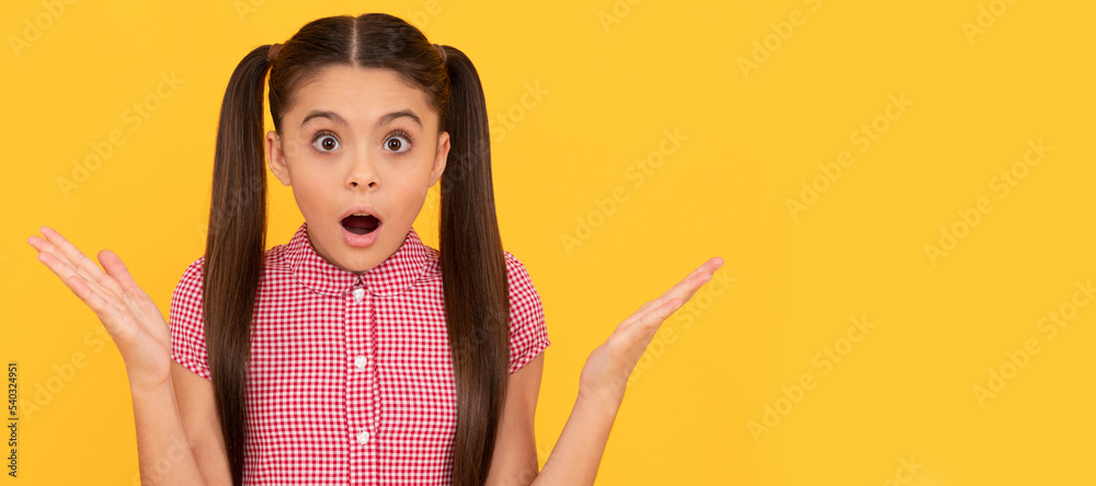 OMG. Surprised child yellow background. Wide-eyed girl got surprised ...